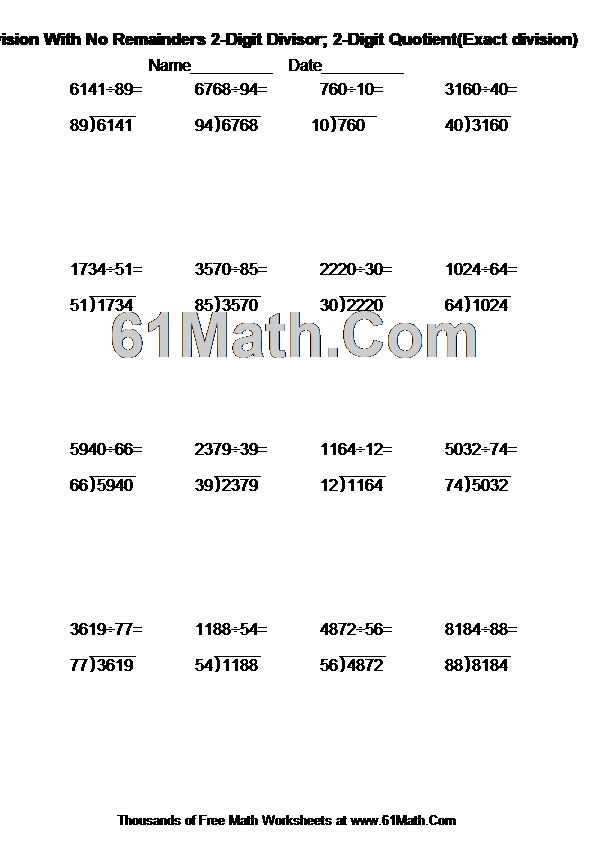 Long Division With No Remainders 2 Digit Divisor 2 Digit Quotient Long Division With No Remainders 2 Digit Divisor 2 Digit Quotient