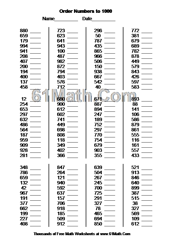 Order Numbers To 1000 Create Your Own Math Worksheets